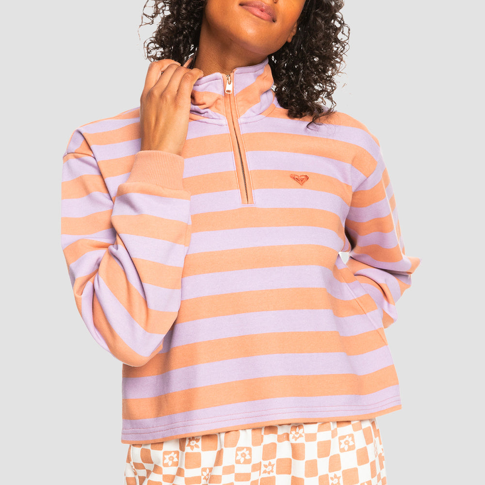 Roxy Carefree Vibe Half Zip Sweatshirt Cork Sunray Stripe Stripe - Wom